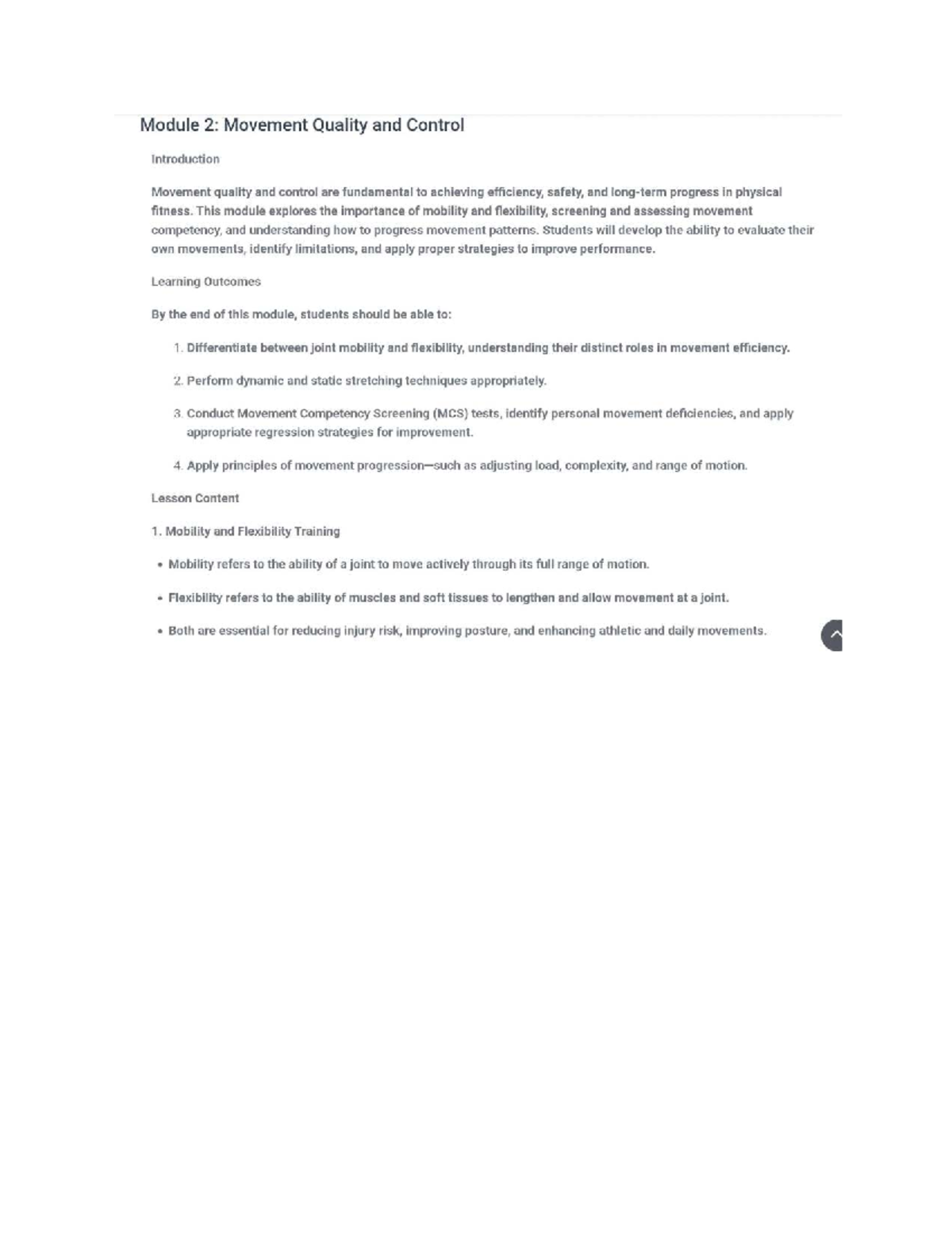 PED011 - Module 2: Movement Quality & Control Overview - Studocu