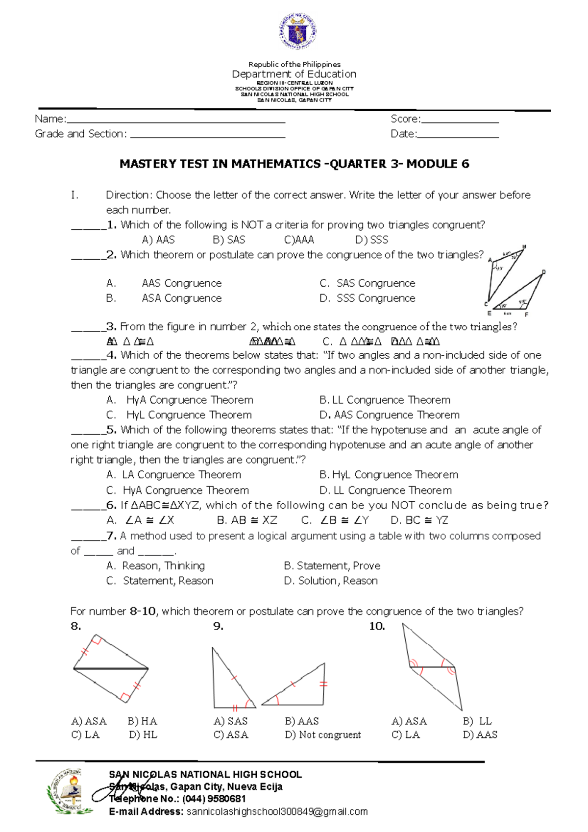 Student Learning Mastery Test 3rd QWeek 6 - Republic of the Philippines ...