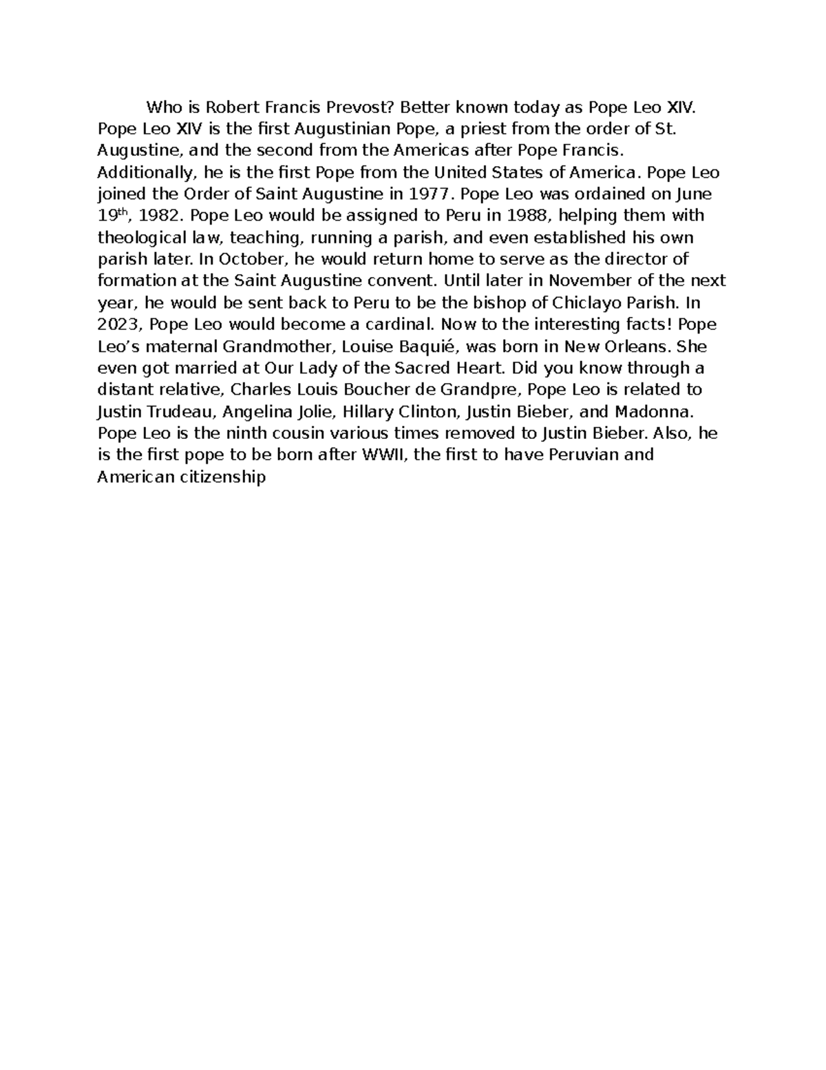 Pope Leo XIV: The First Augustinian Pope from the USA - Studocu