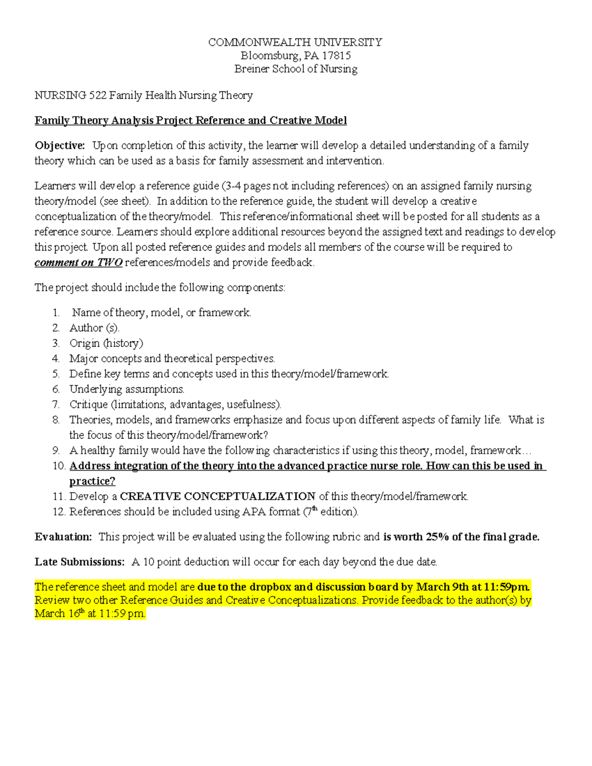 NURSING 522 Family Theory Analysis Project Rubric - Spring 2025 - Studocu