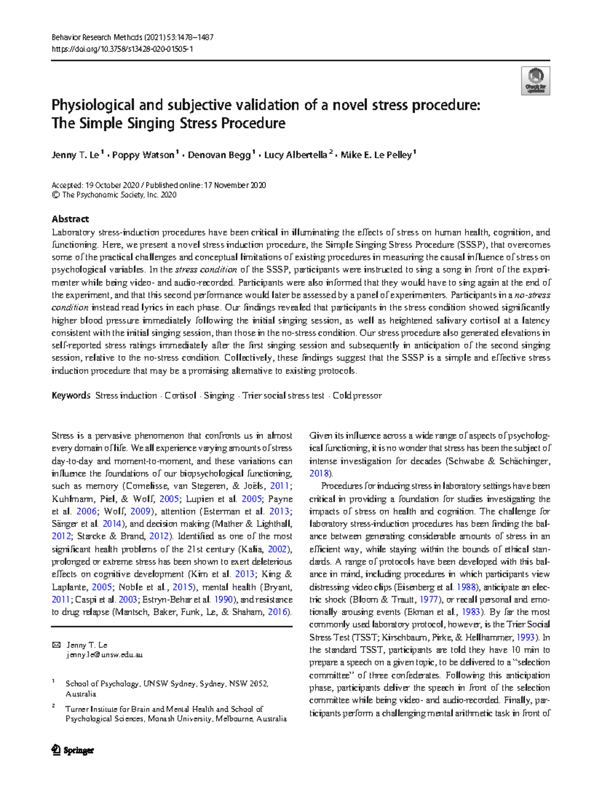 S13428-020-01505-1: Validation of the Simple Singing Stress Procedure ...