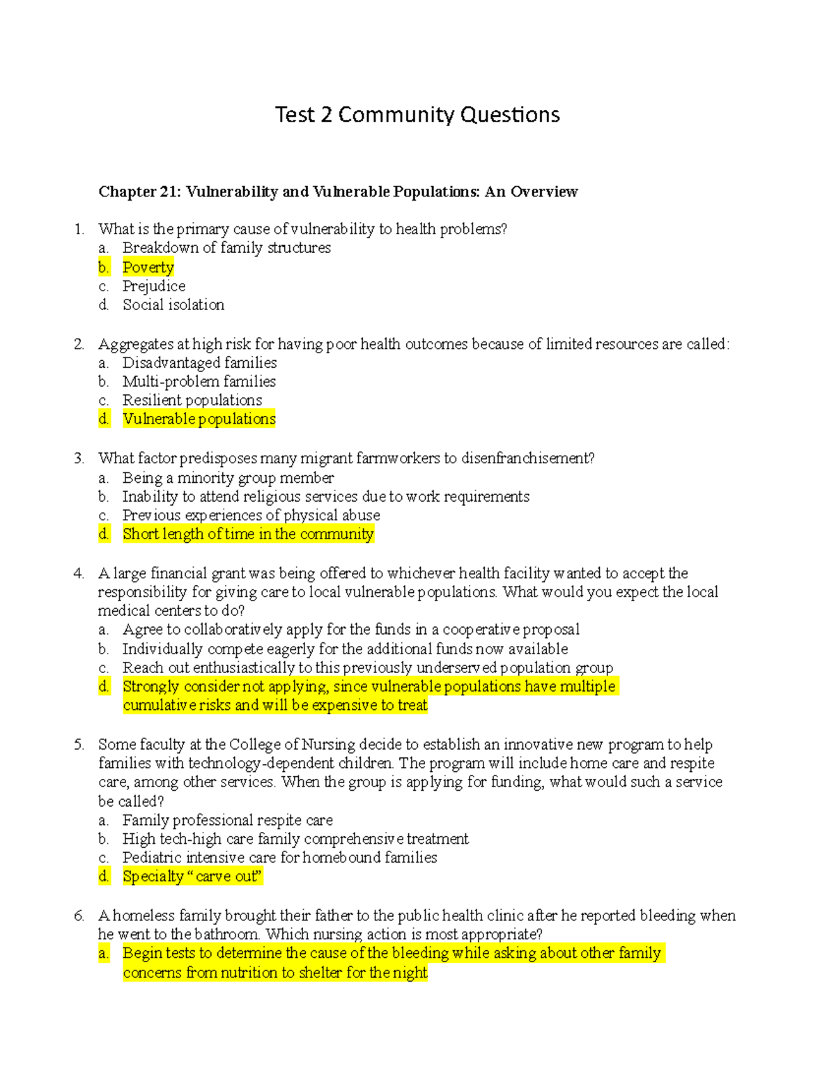 Test 2 Community Health Questions: Vulnerable Populations Overview ...