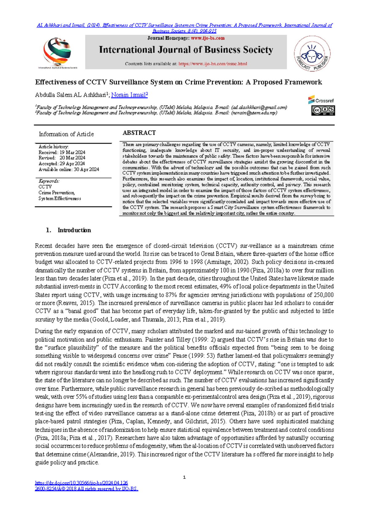 CCTV Surveillance System Effectiveness in Crime Prevention: A Framework ...