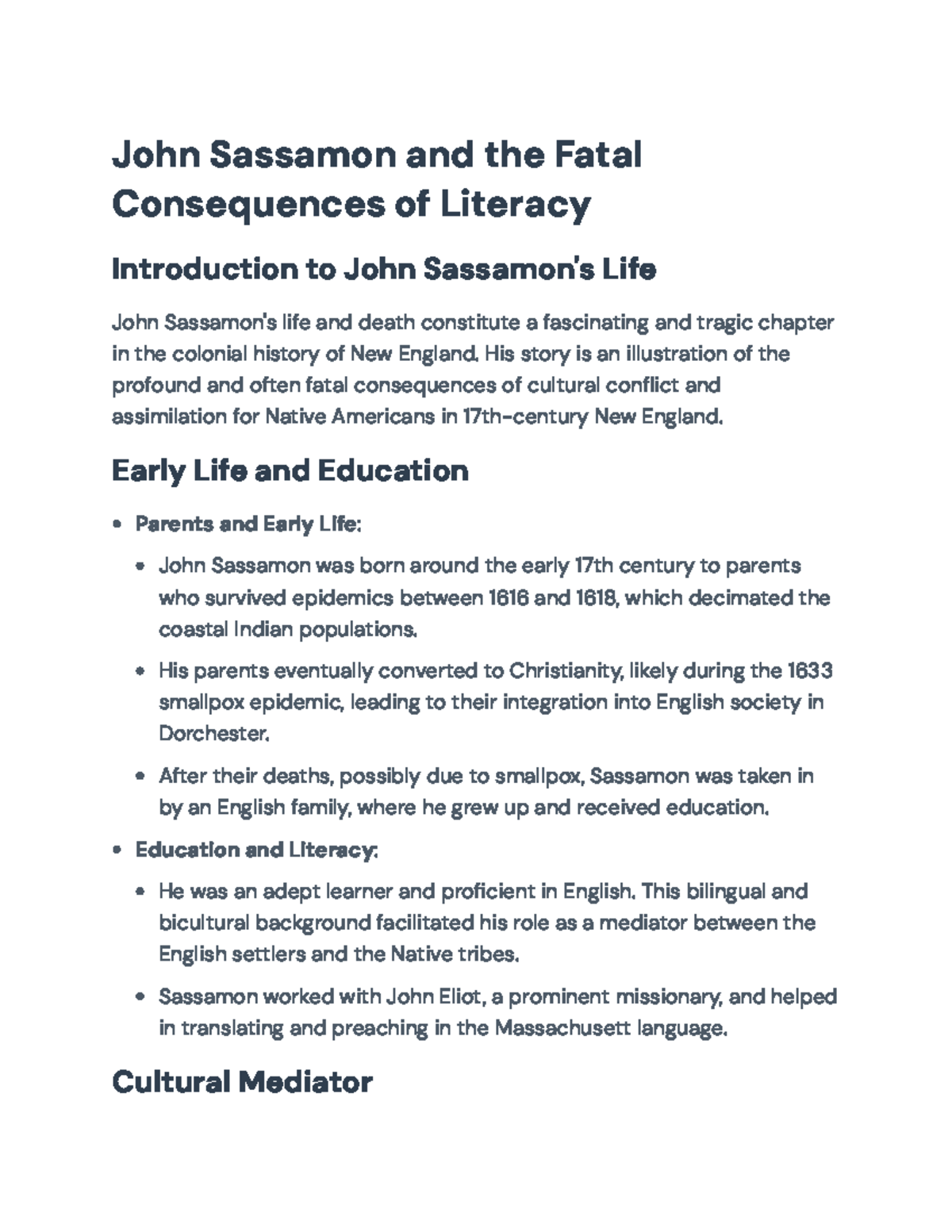 John Sassamon: Cultural Mediation and the Tragic Consequences of ...