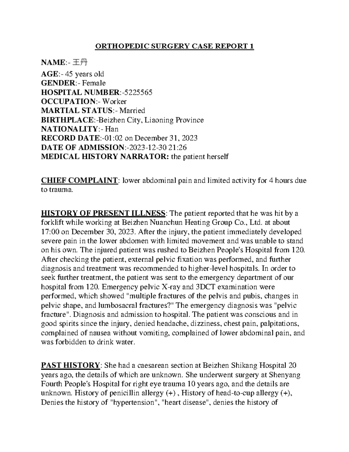 Orthopedic Surgery CASE Report - ORTHOPEDIC SURGERY CASE REPORT 1 NAME ...