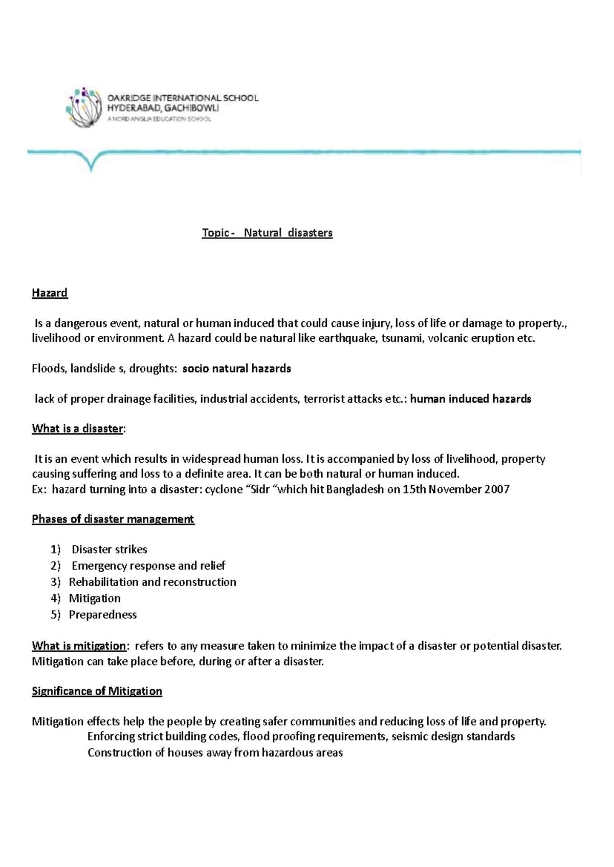 Mitigation Strategies for Natural Disasters: Grade 8 Unit 2 Handout ...