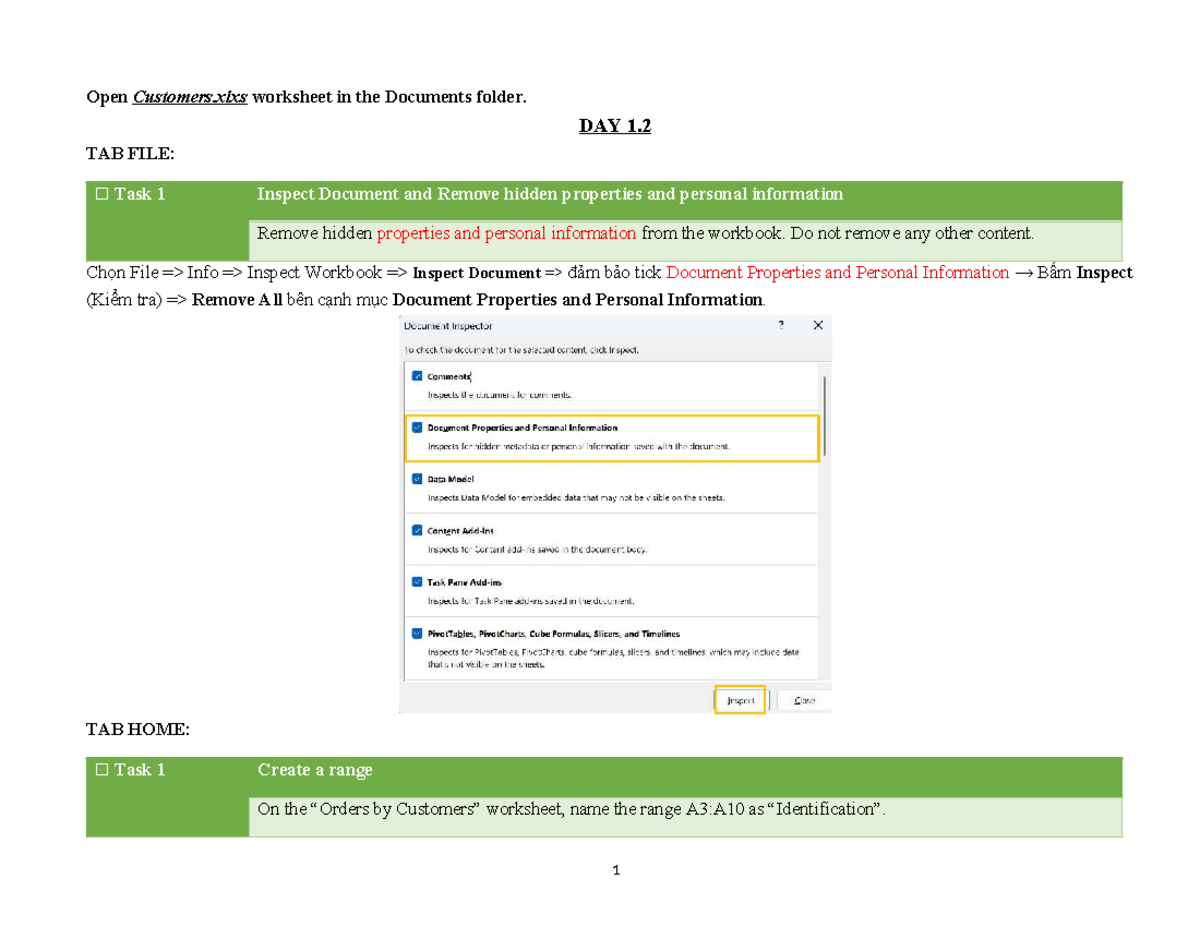 Excel Worksheet Tasks: Document Inspection & Formatting (DAY 1.2) - Studocu