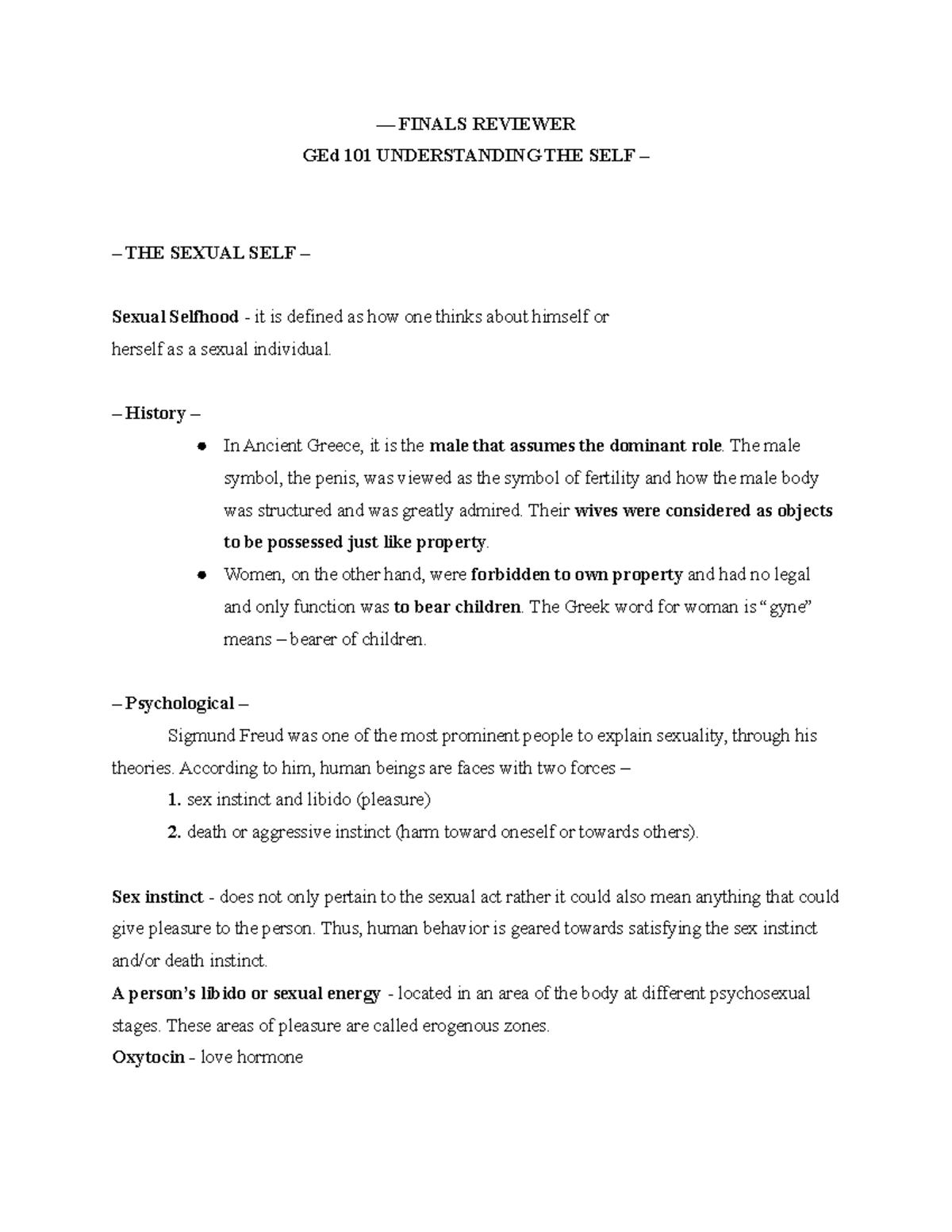 UTS-Finals-Reviewer - N/A - — FINALS REVIEWER GEd 101 UNDERSTANDING THE SELF – THE SEXUAL SELF ...