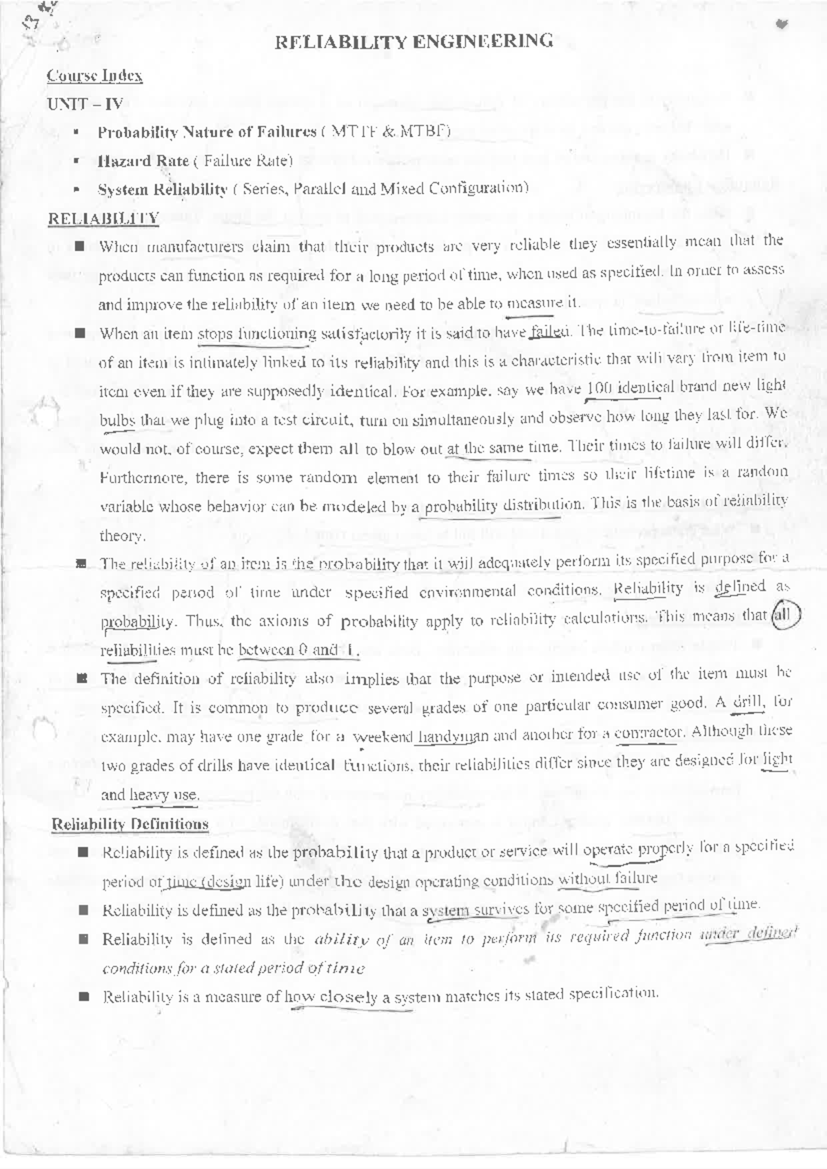 RELIABILITY ENGINEERING (RE101) UNIT IV: Probability and System Reliability - Studocu