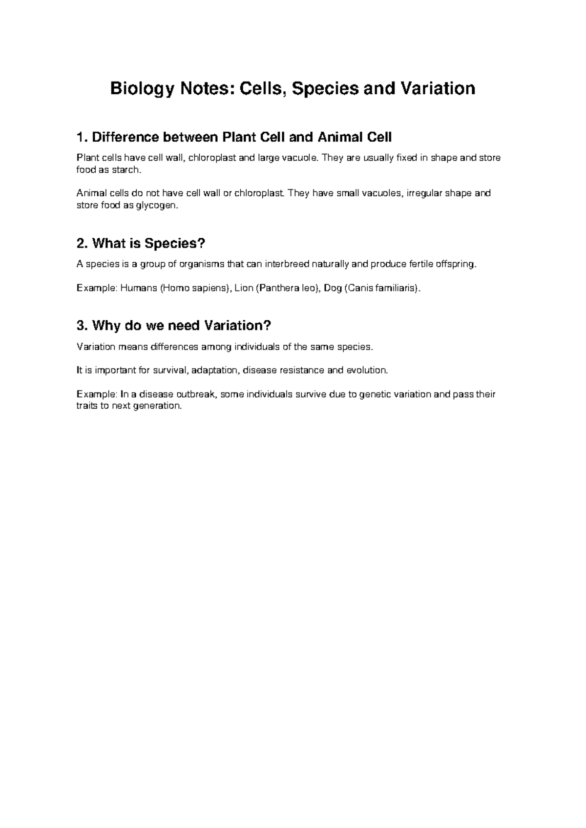 Biology Notes: Cells, Species, and Variation Overview - Studocu