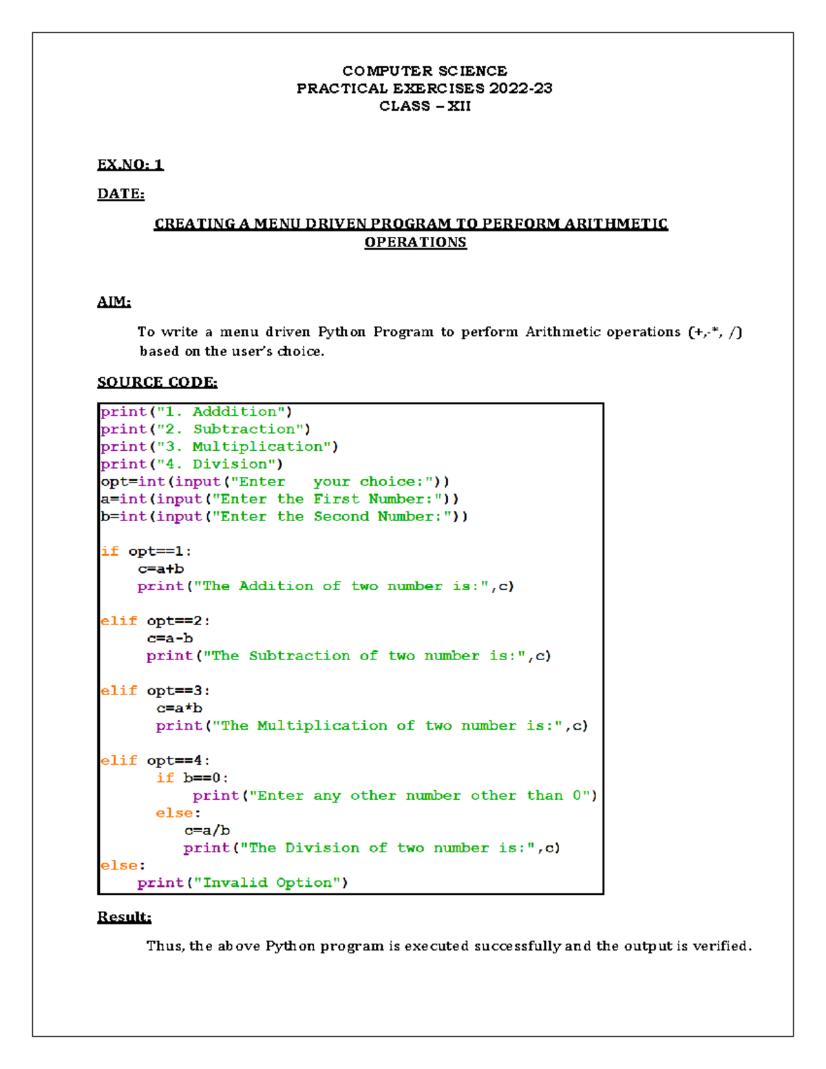 Class 12 CS Practical Exercises: Menu-Driven Python Programs - Studocu