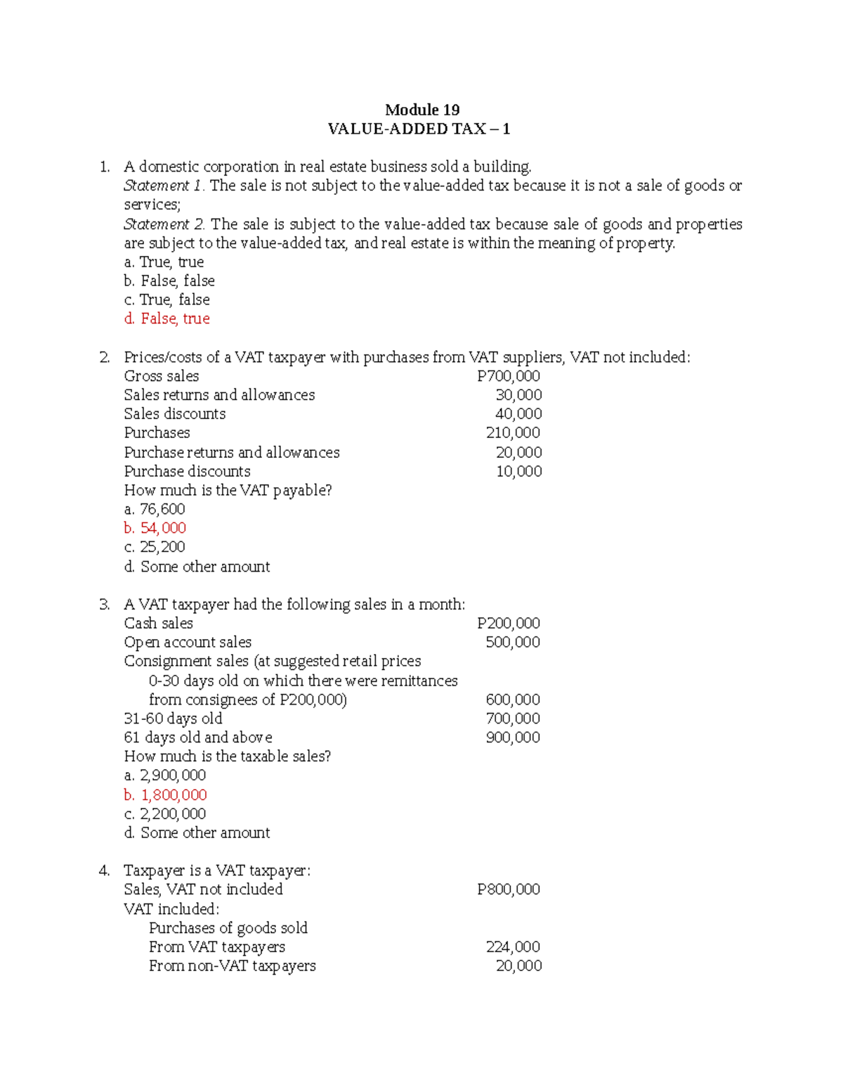 BUSINESS TAX (VAT) - PRACTICAL PROBLEMS & ANSWER KEYS MODULE 19 - Studocu