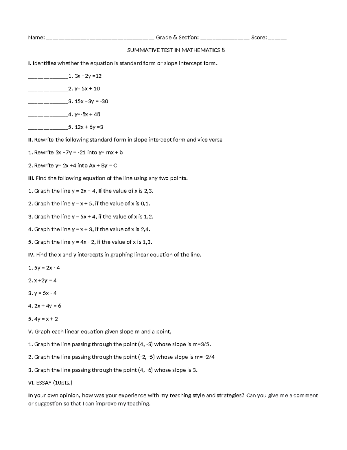 Mathematics 8 Summative Test: Explicit Lesson Plan & Student Feedback ...