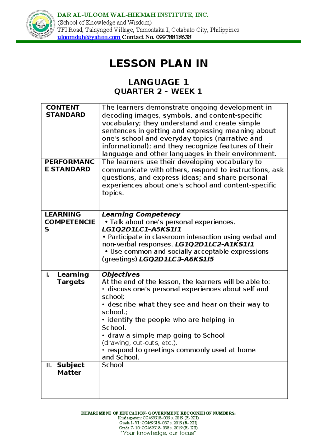 LP- Format English Matatag-CURR - (School of Knowledge and Wisdom) TFI ...