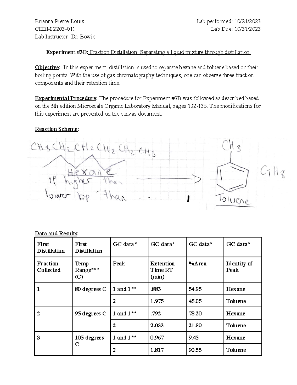 CHEM 2203-011 Lab Report: Experiment 3B - Fraction Distillation - Studocu
