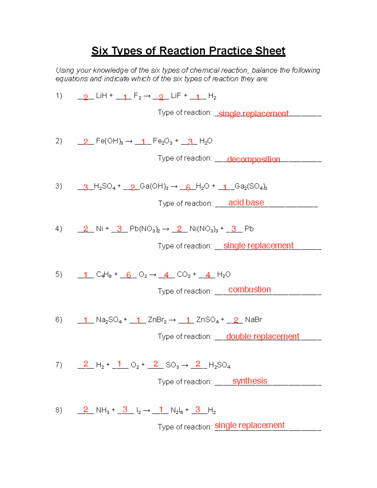 Six Types of Chemical Reaction Practice Sheet - Studocu