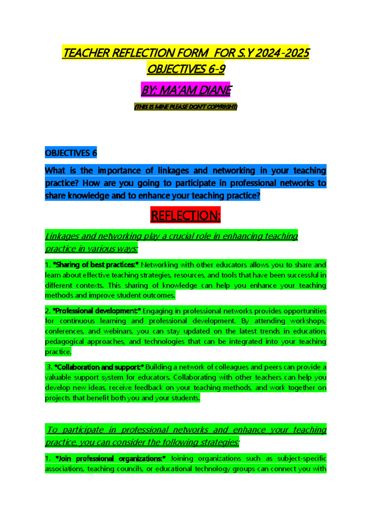 Teacher Reflection Form 2024 - MAAM Diane: Enhancing Teaching Practices ...