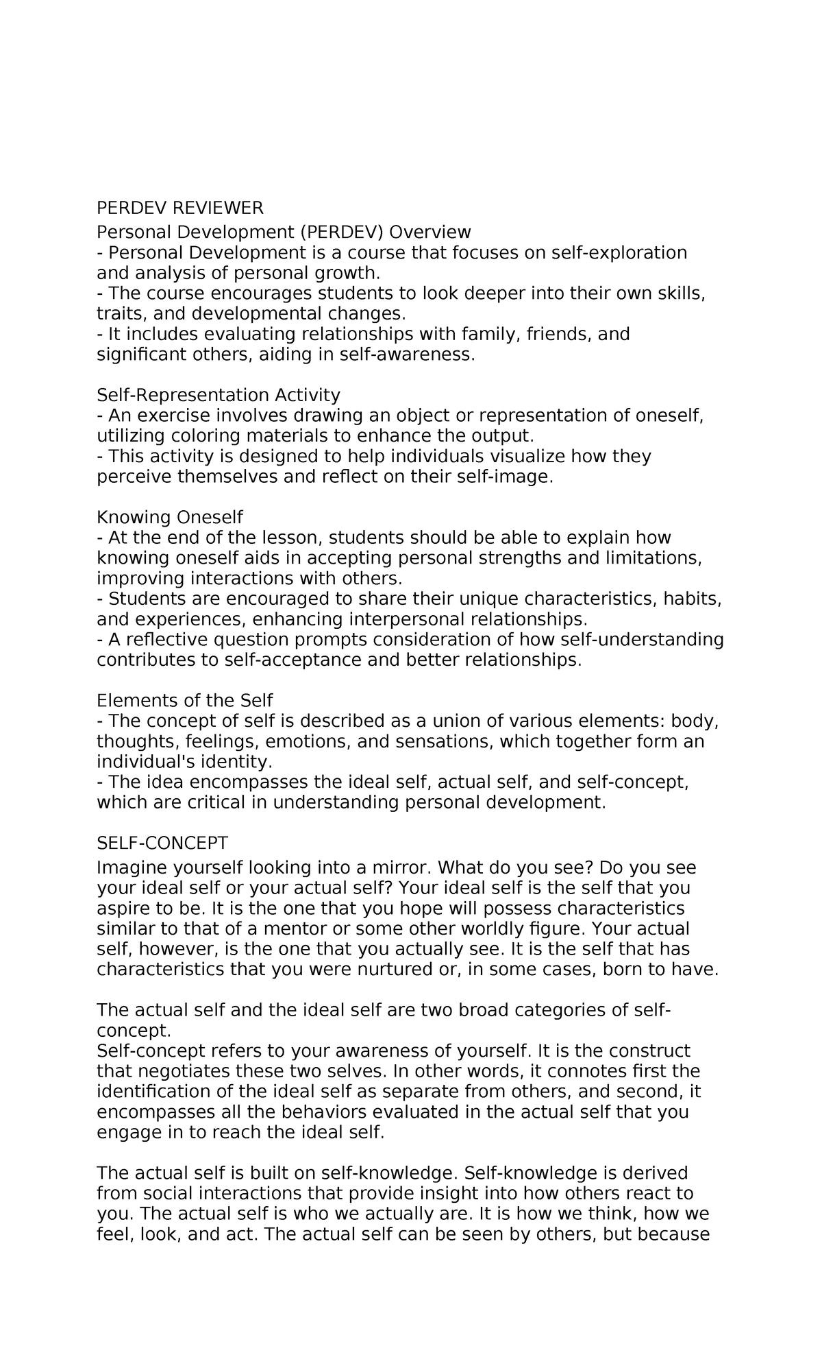 PERDEV- Final Exam Reviewer: Exploring Personal Development Concepts - Studocu