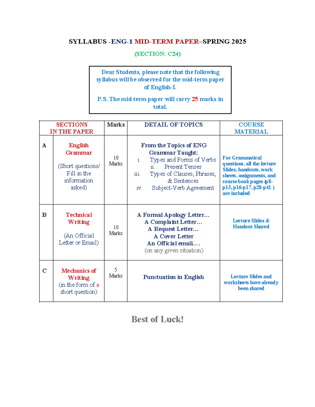 ENG-I Syllabus Paper Pattern (Mid-Term Paper, Spring 2025) - SYLLABUS ...