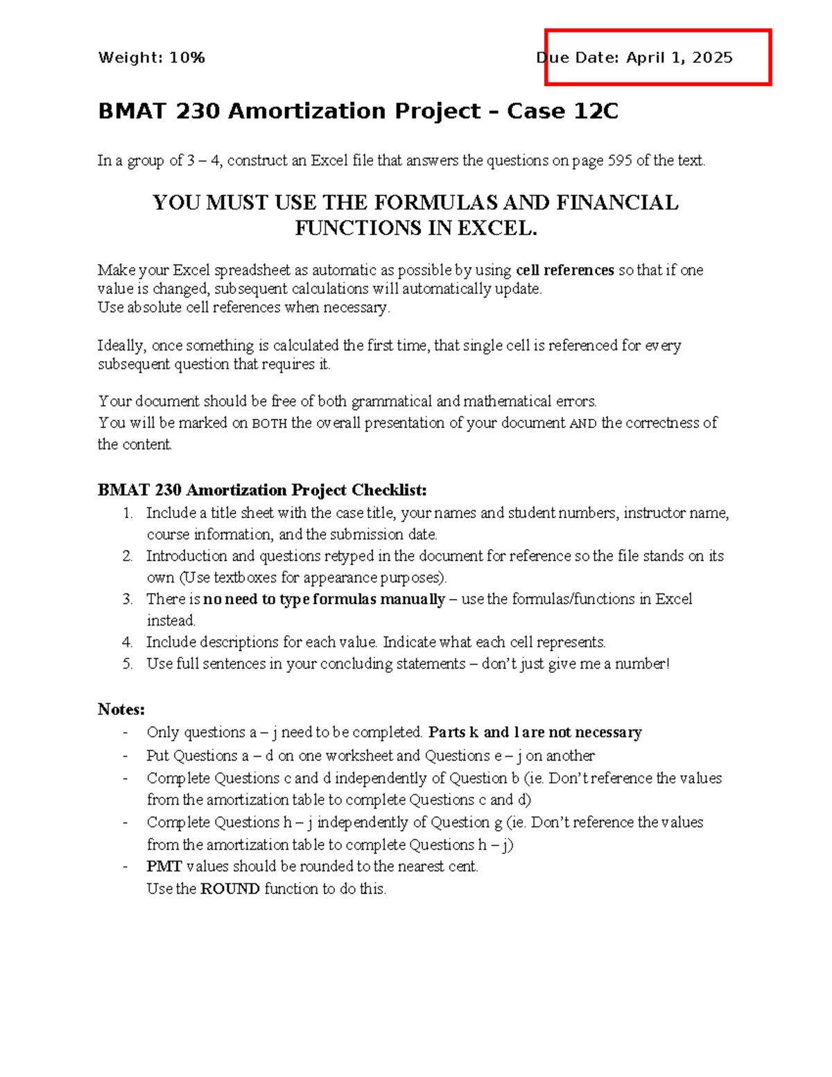 BMAT 230 Amortization Project Case 12C: Excel Spreadsheet Guide - Studocu