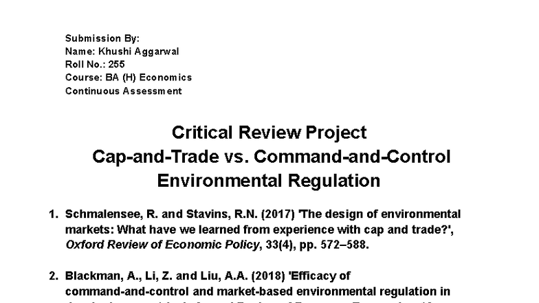 BA (H) Economics: Critical Review Project on Environmental Regulation ...