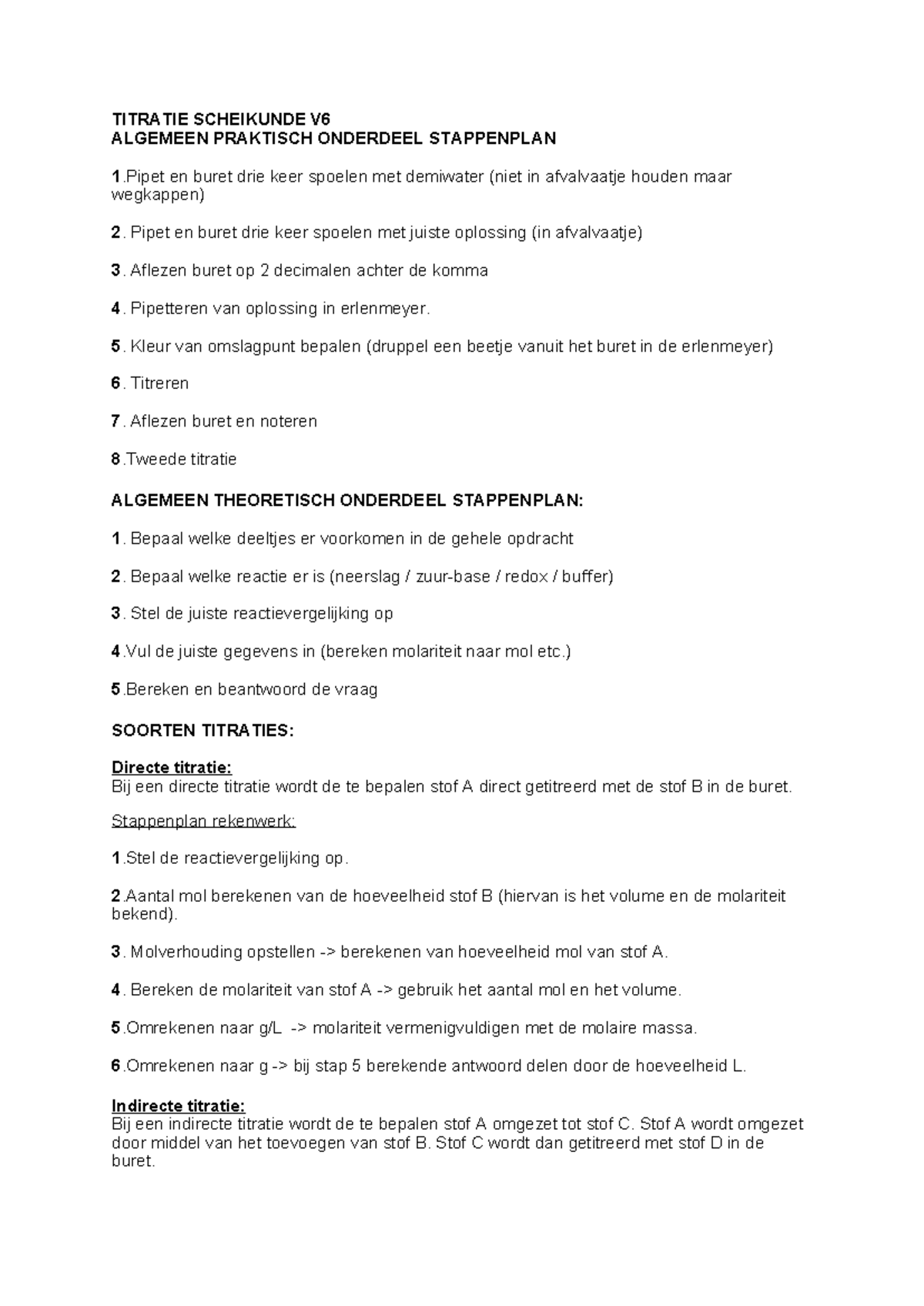 TITRATIE SCHEIKUNDE V6: PRAKTISCH EN THEORETISCH STAPPENPLAN - Studeersnel