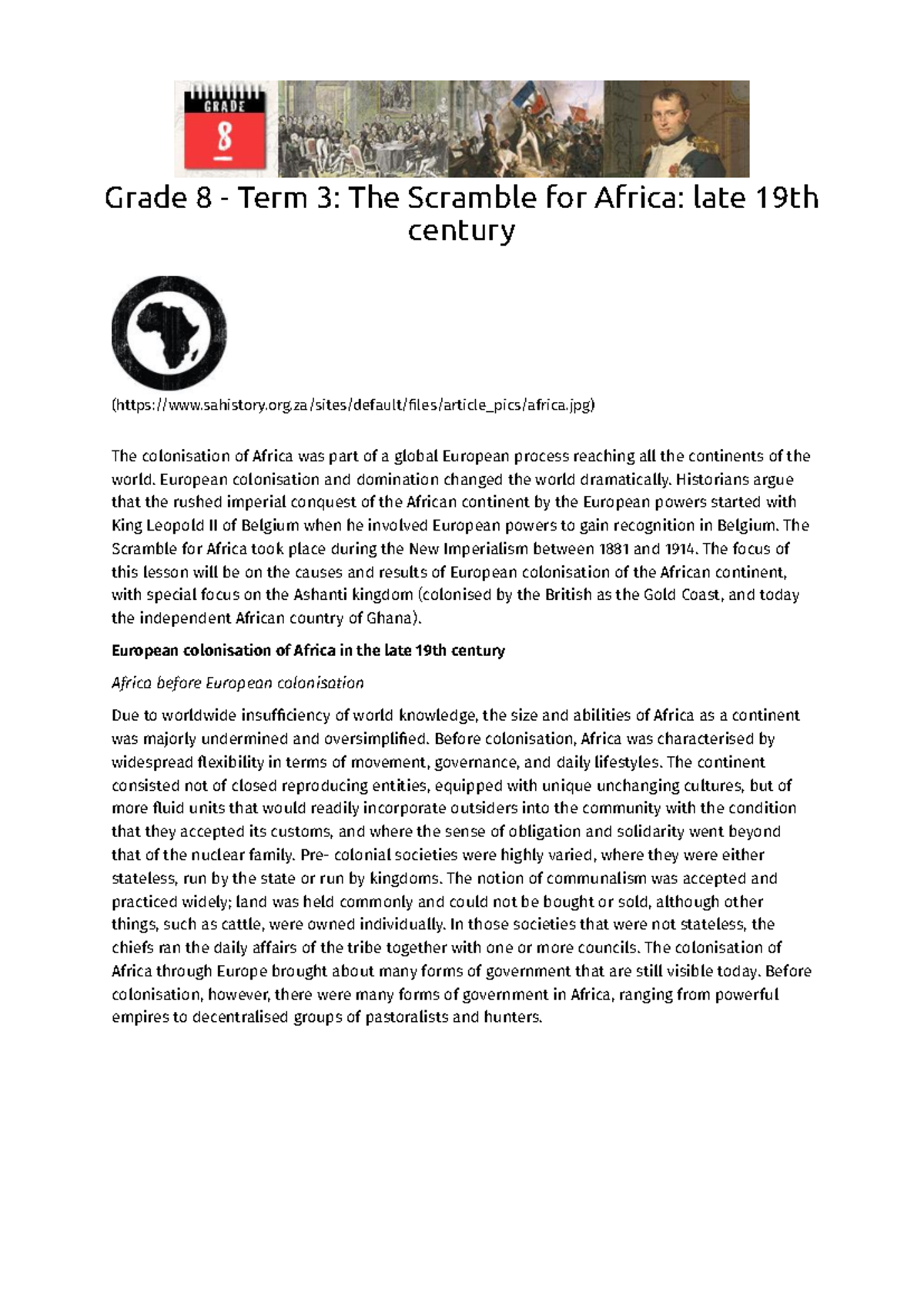 Grade 8 - Term 3: The Scramble for Africa - Late 19th Century History ...