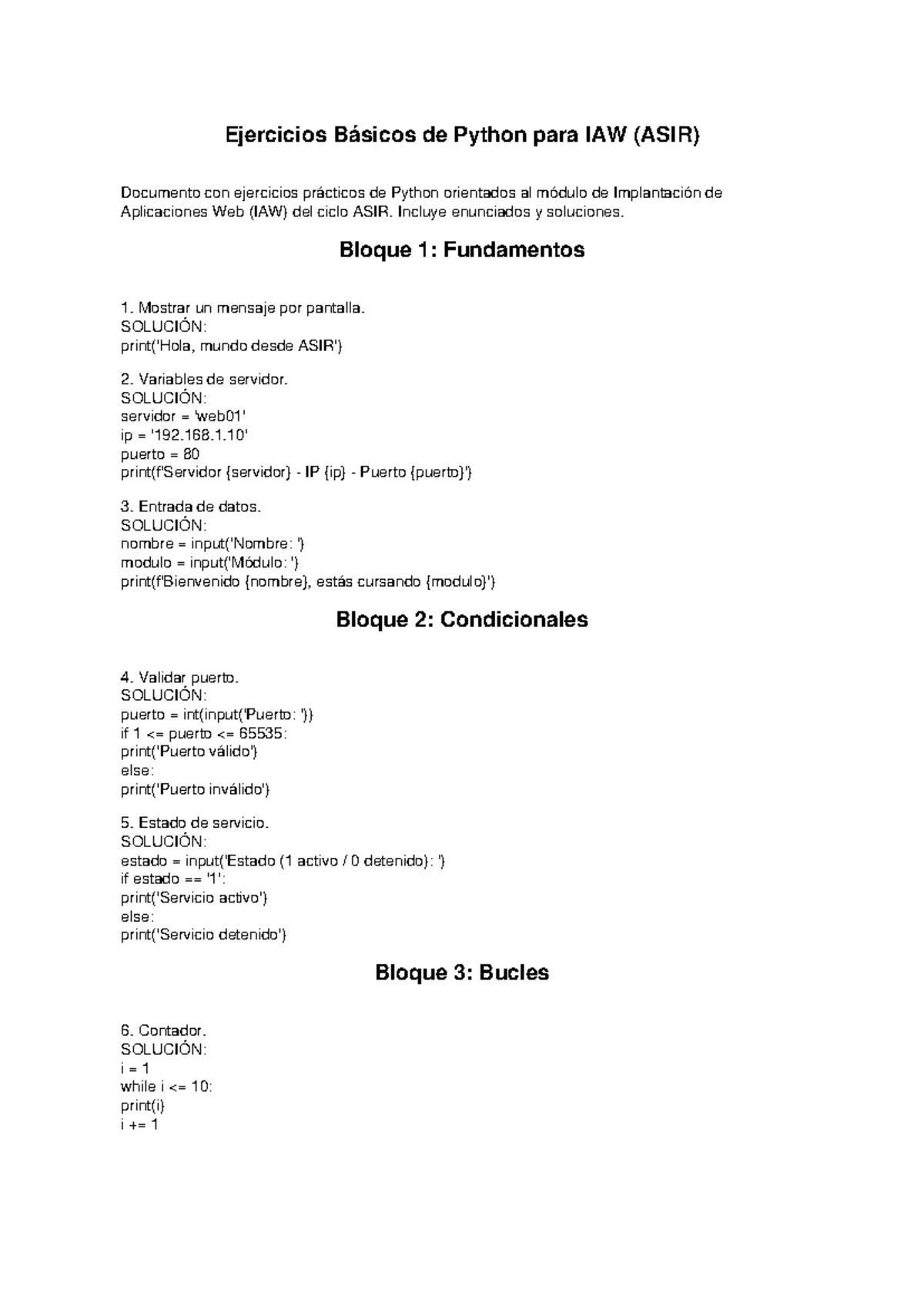 Ejercicios Prácticos de Python para IAW (ASIR) con Soluciones - Studocu