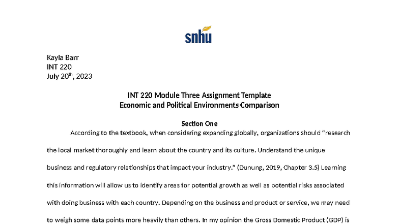 INT 220 Module 3 Assignment: Economic & Political Environments Analysis ...