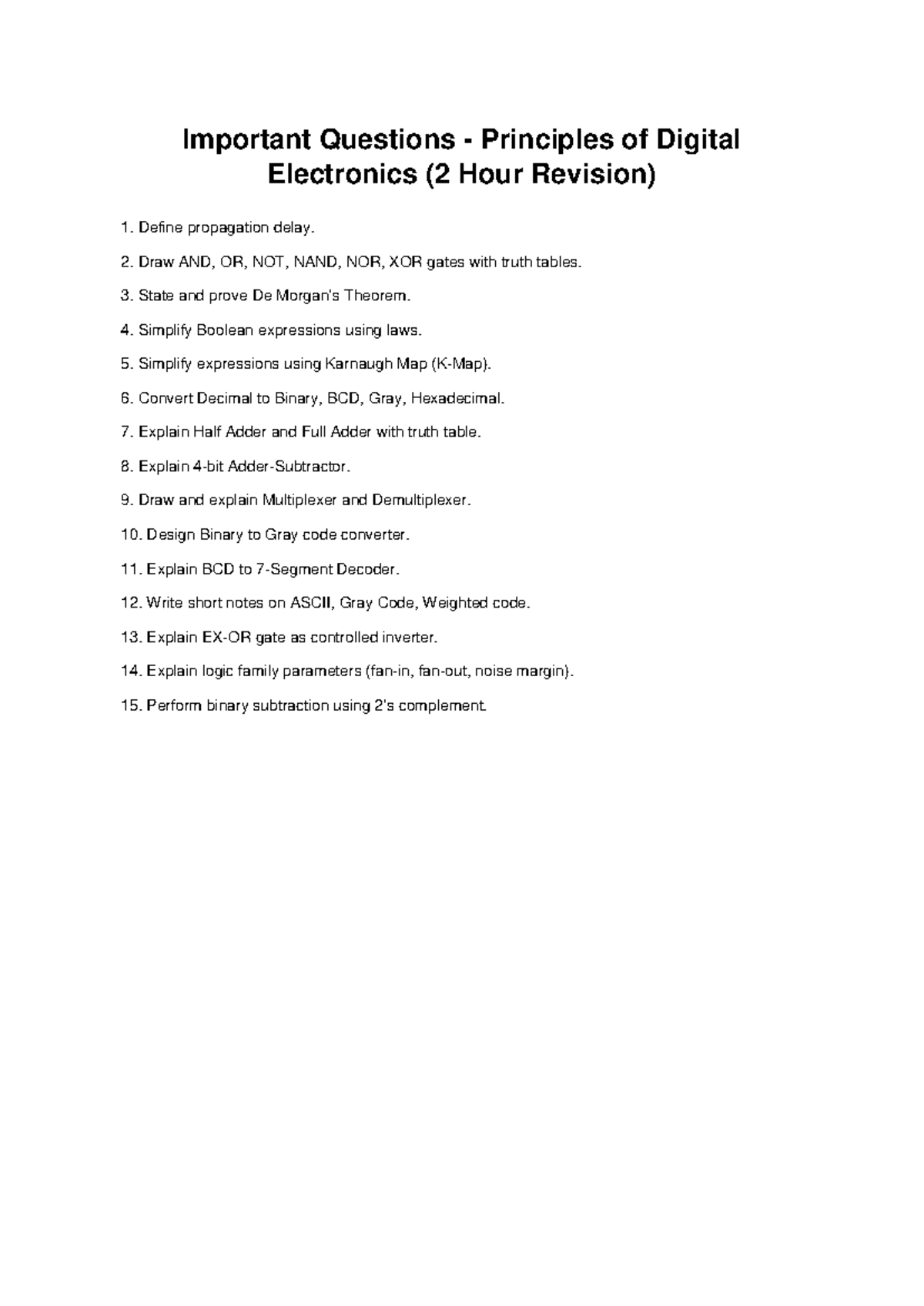Digital Electronics Important Questions (Revision for 2-Hour Exam ...
