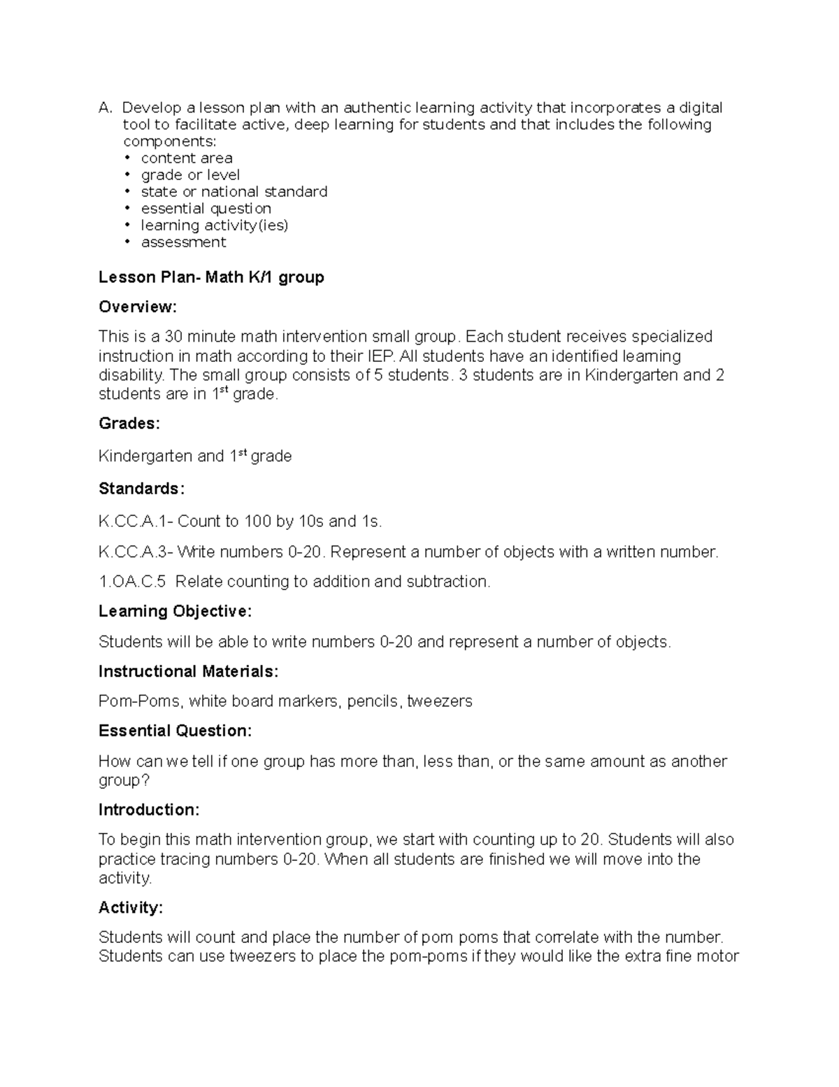 D185 Lesson Plan: Math Intervention for K/1 Students with IEPs - Studocu