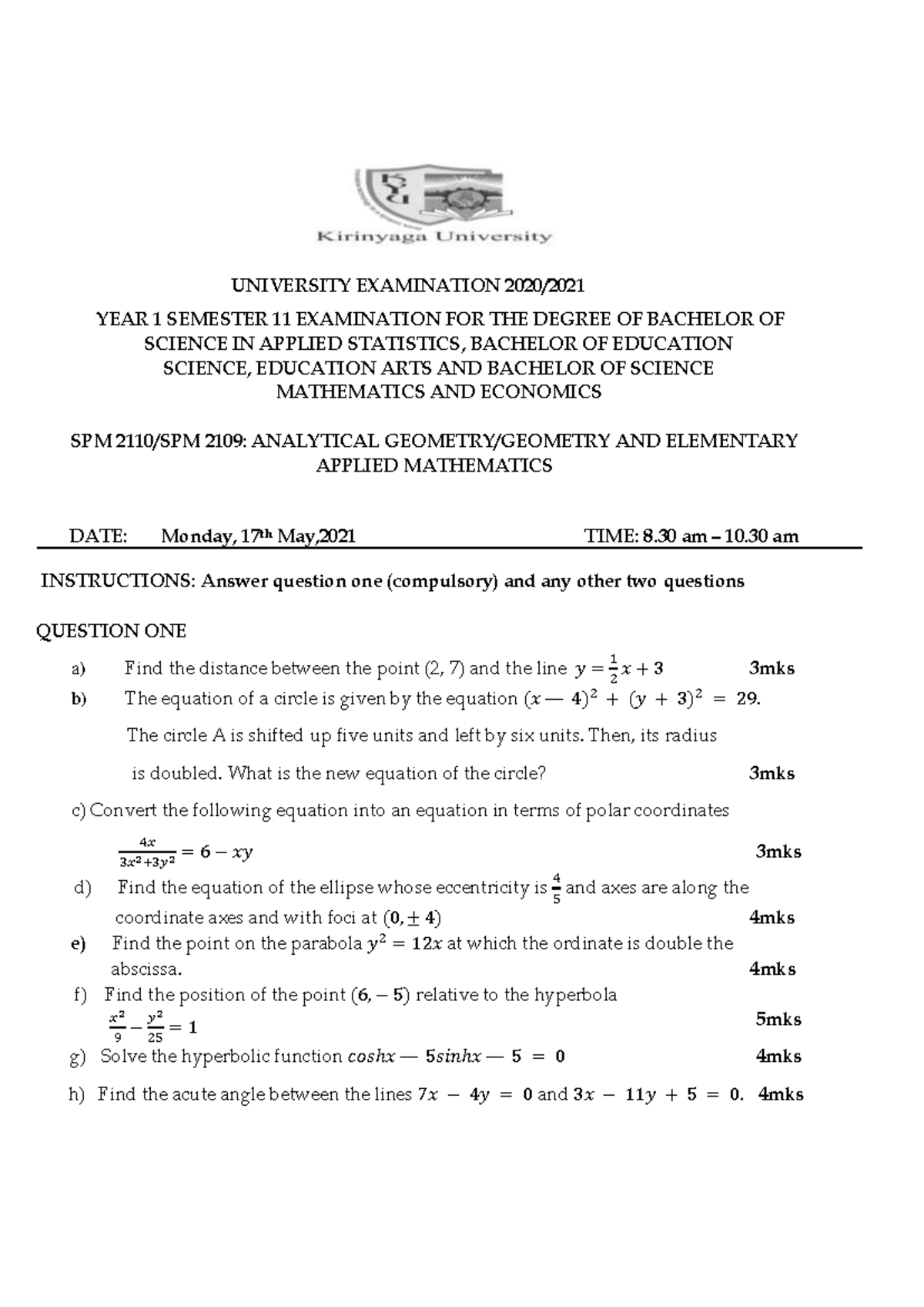 SPM 2110 Final Exam: Analytical Geometry & Elementary Math Exam 2021 ...