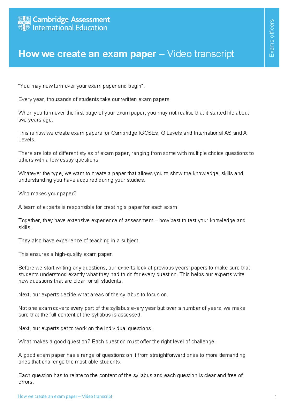 IGCSE Exam Paper Creation Process: Video Transcript Insights - Studocu