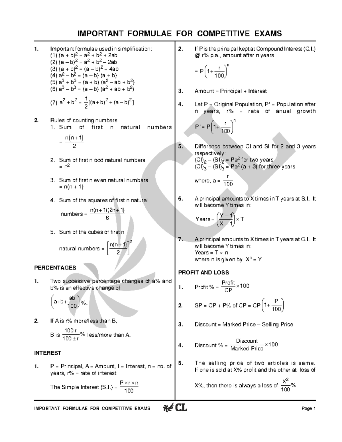 Important Formulae for Competitive Exams: Essential Math Concepts - Studocu