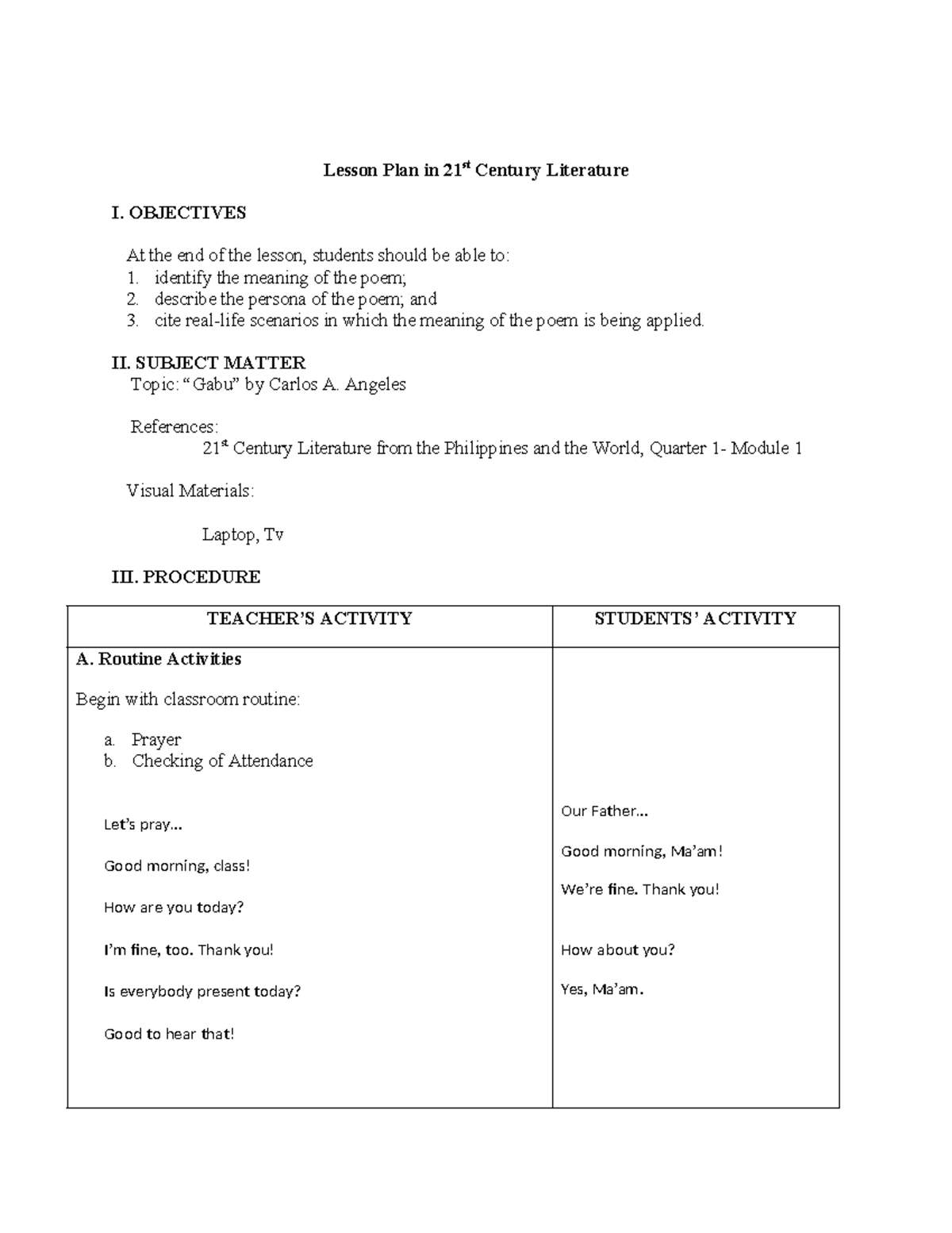 SHS - Lesson Plan: Exploring "Gabu" by Carlos A. Angeles in Lit - Studocu