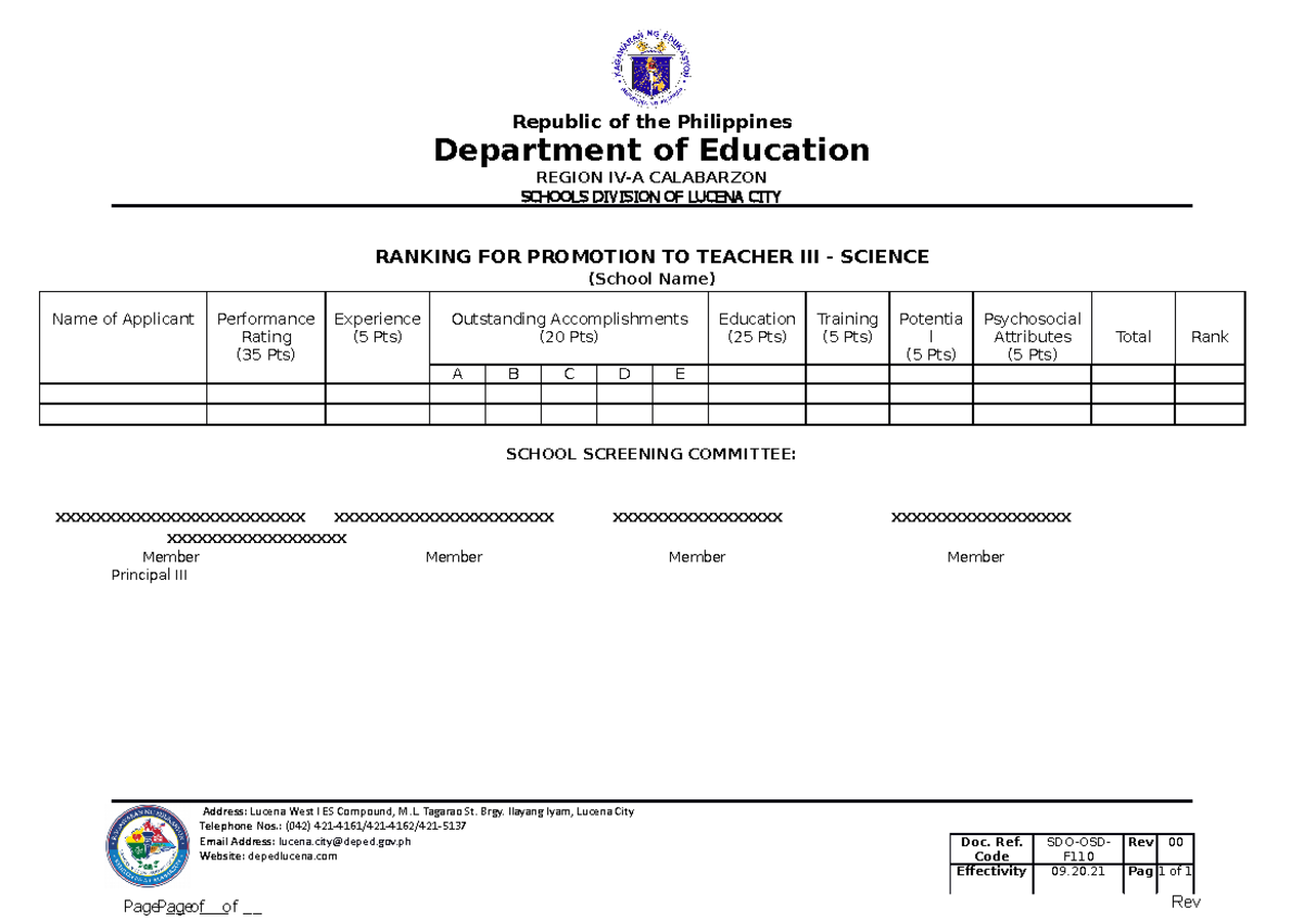 RQA- Template - RANKING - Republic of the Philippines Department of ...