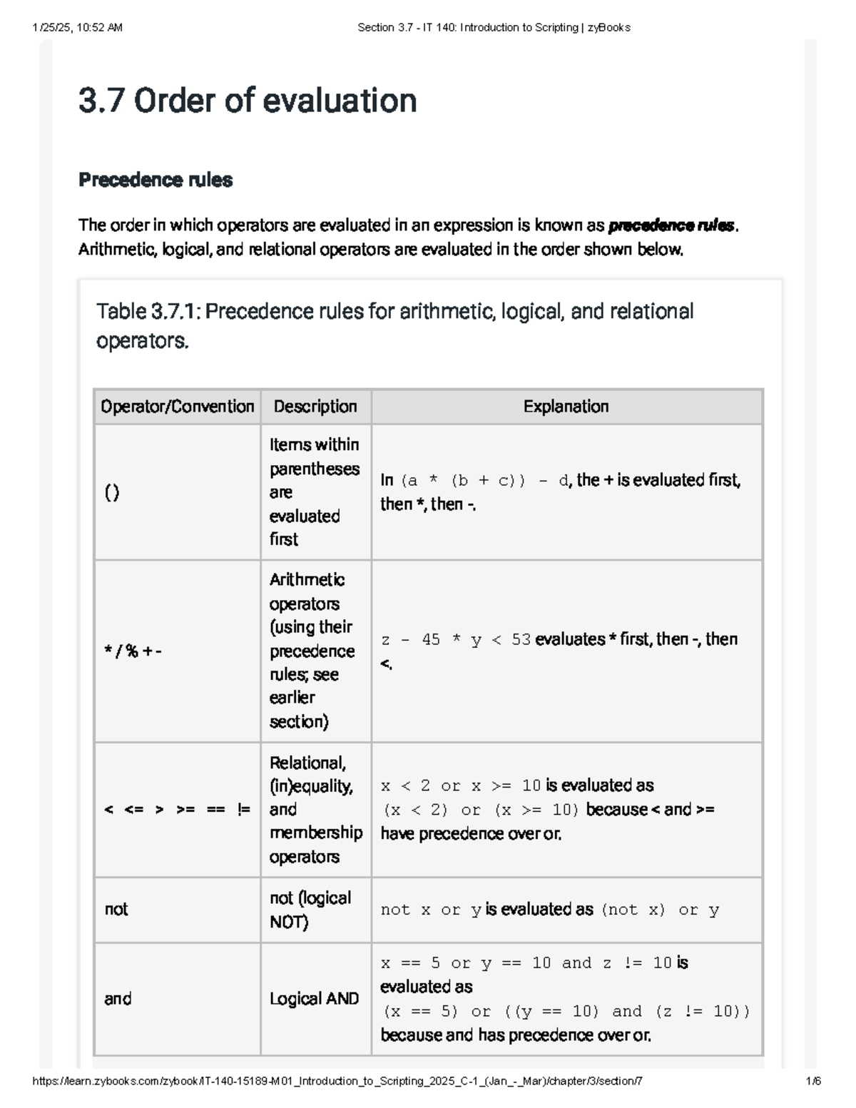 Section 3.7 - IT 140 Introduction to Scripting zy Books - 3 Order of evaluation Precedence rules ...