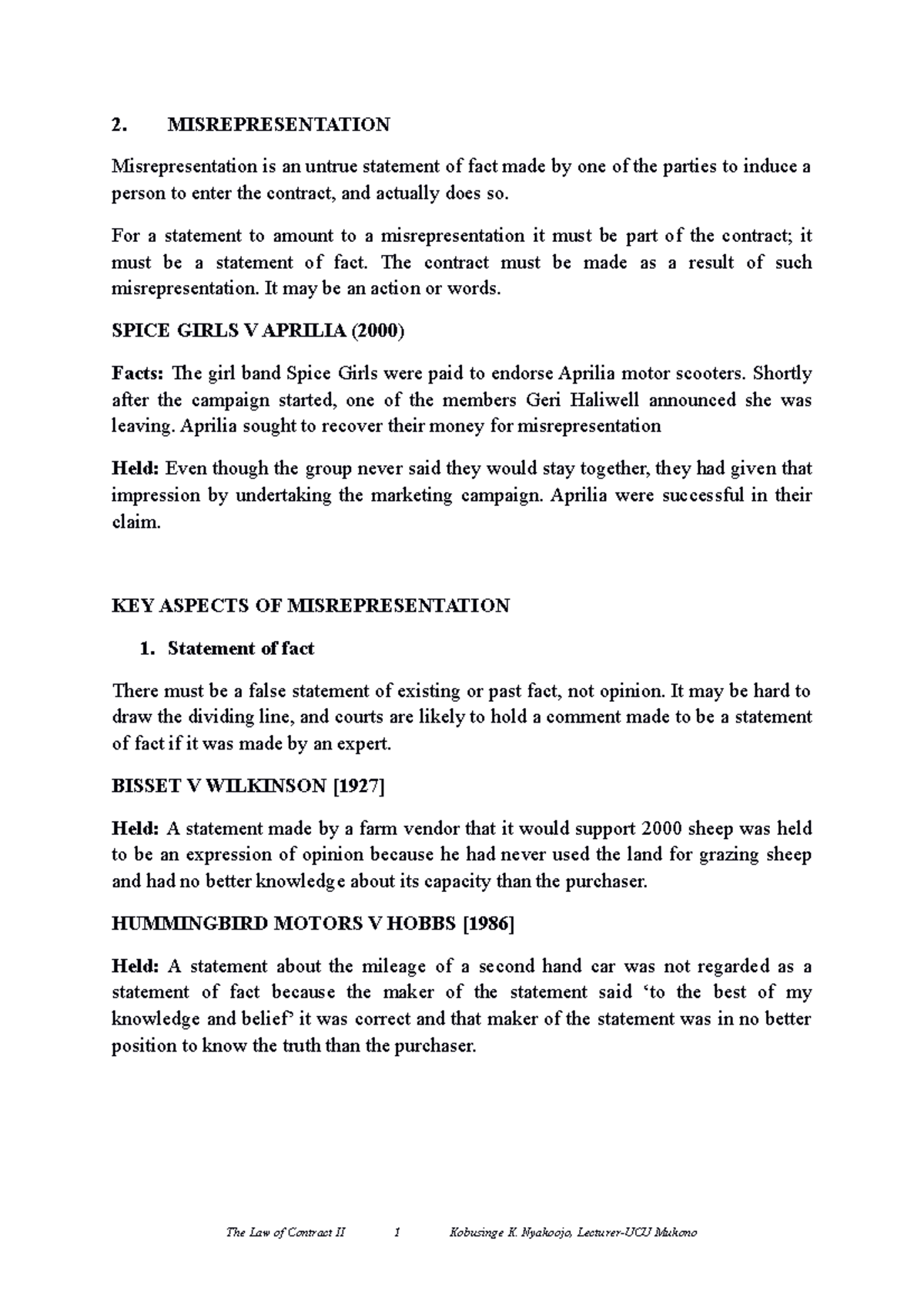 2. Misrepresentation: Key Concepts and Case Law Overview - Studocu