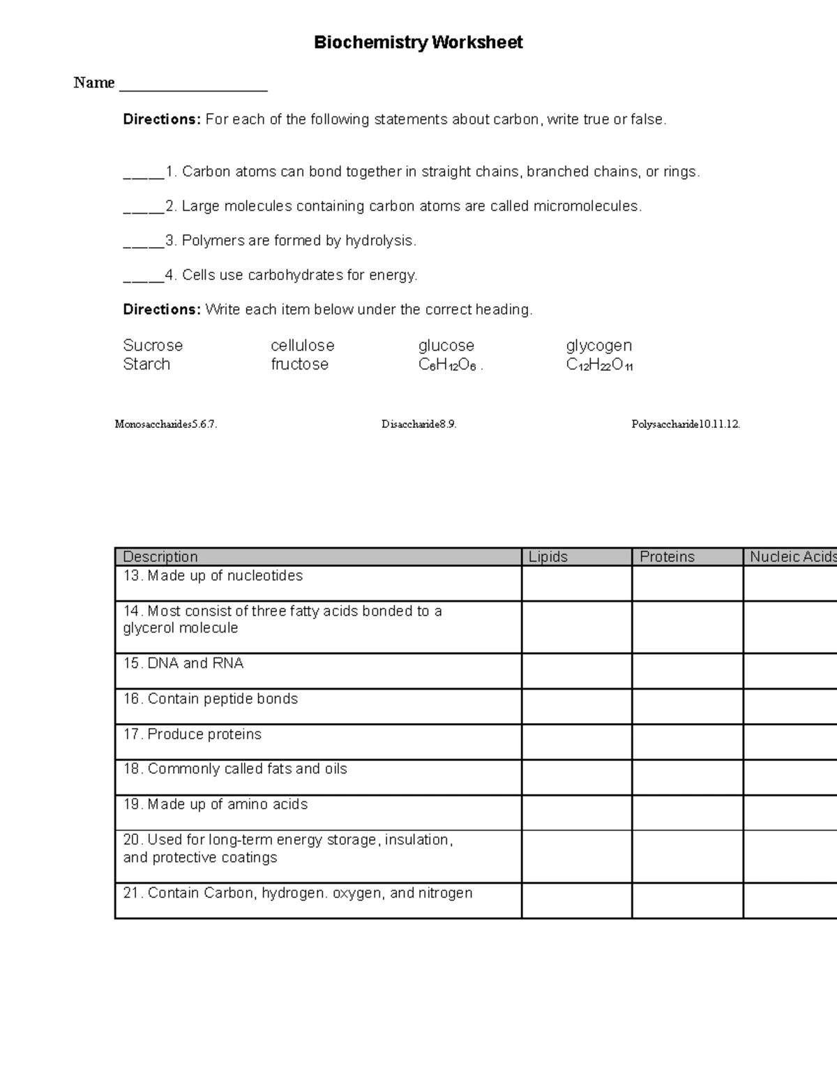 Biochemistry Review Worksheet - Name ...