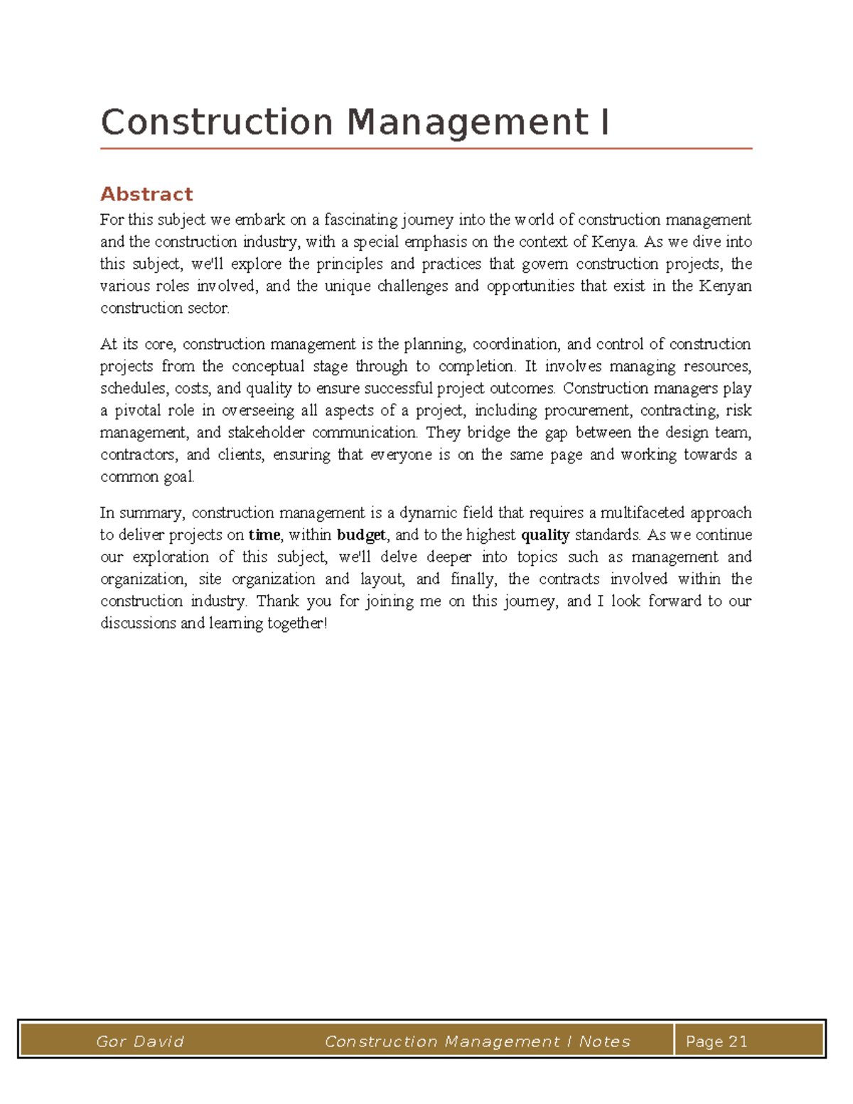 CM 1 Notes - Construction Management I Abstract For this subject we ...
