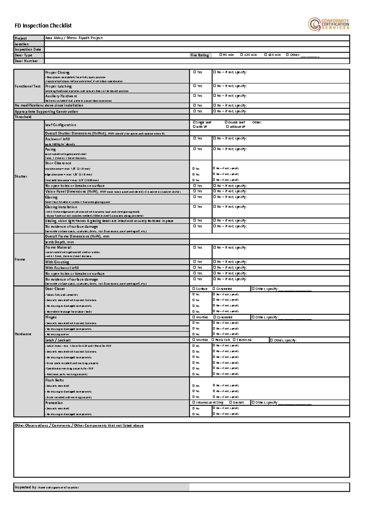 FD Inspection Checklist for Assa Abloy Metro Riyadh Project - Studocu