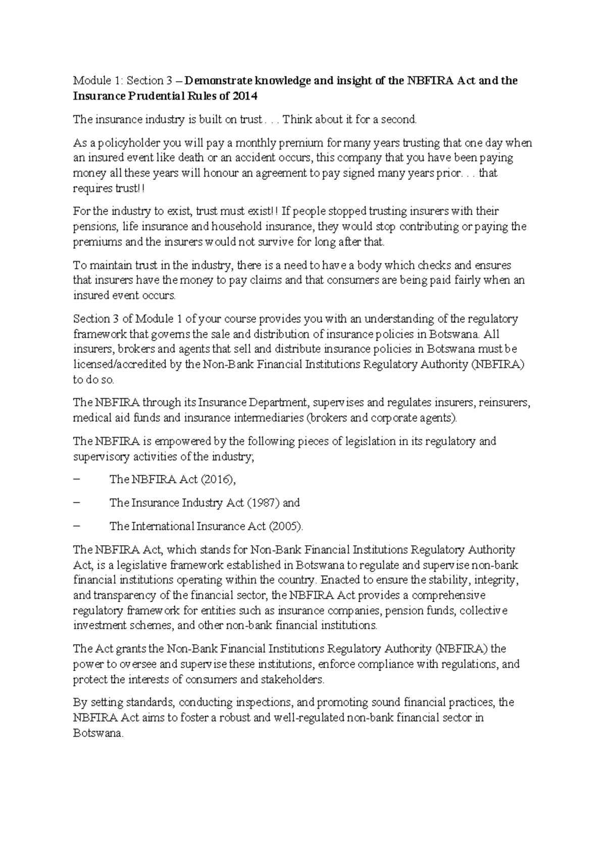 NBFIRA Act & Insurance Rules - Module 1: Sec 3 Insights - Studocu