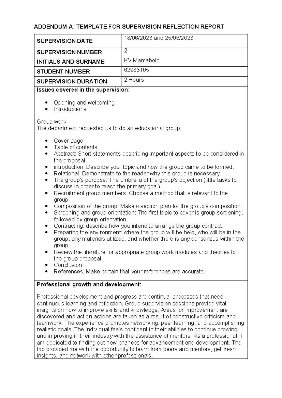 Supervision Reflection Report Template - KV Mamabolo, SN: 62983105 ...