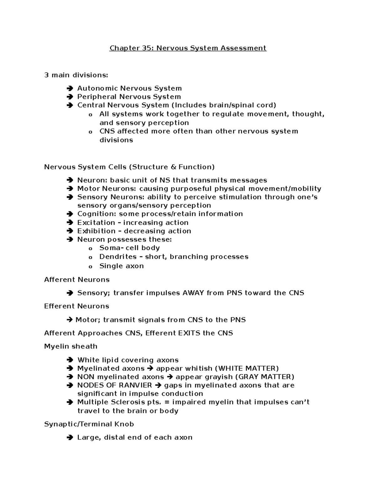 Chapter 35 Med surg 2 - Notes - Chapter 35: Nervous System Assessment 3 ...