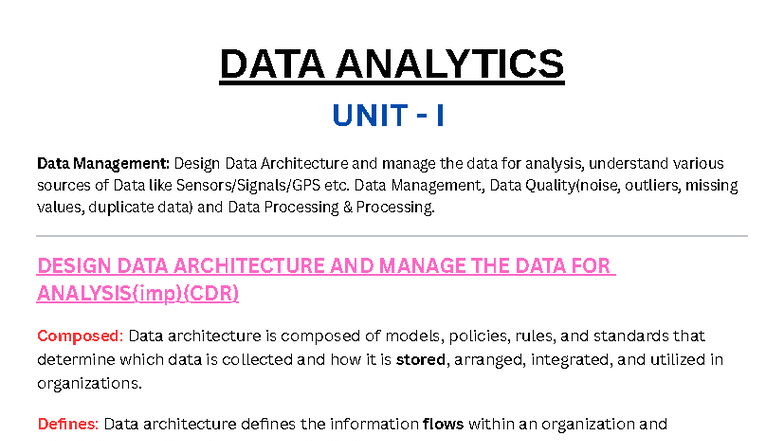 DATA ANALYTICS UNIT I: Data Management & Architecture (CDR) - Studocu