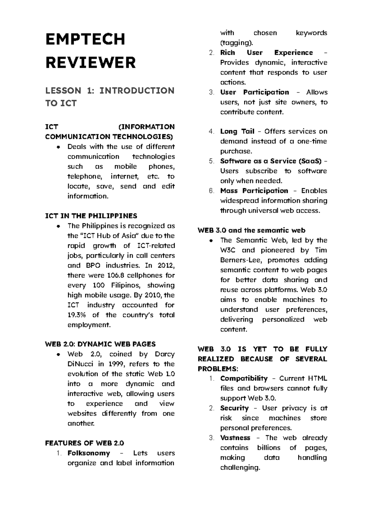EMPTECH REVIEWER: LESSON 1 - INTRODUCTION TO ICT (MT1S) - Studocu