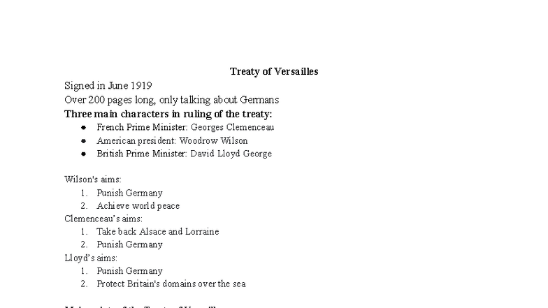 WW2 - Brief Notes on the Treaty of Versailles and Its Impact - Studocu