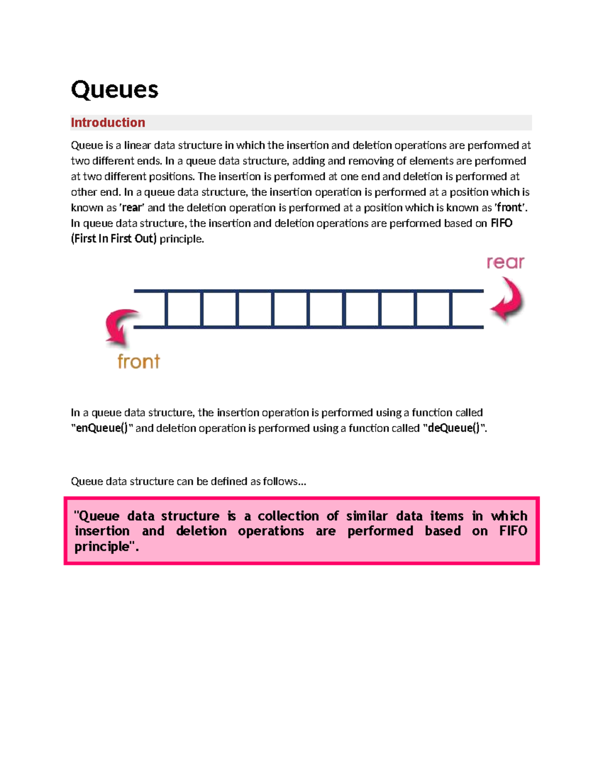Queue Data Structure Overview - Discrete Structures (CSI-304) - Studocu