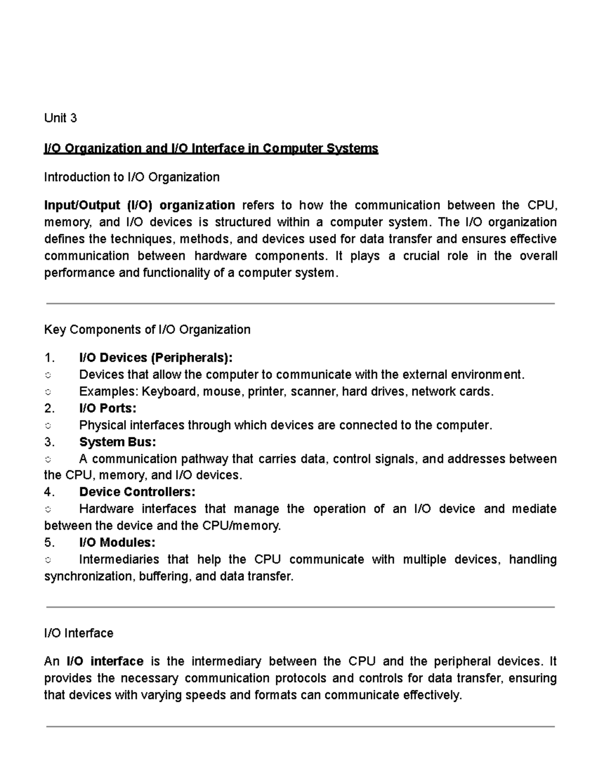 COA Unit 3 Notes: I/O Organization & Interfaces in Computer Systems ...