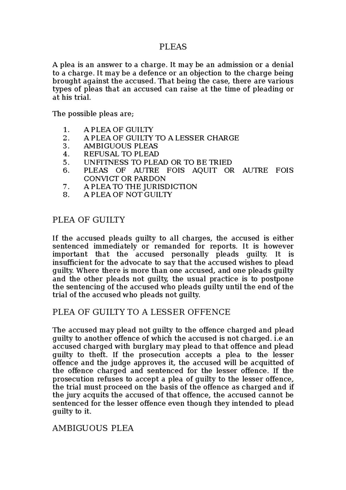 PLEAS IN CRIMINAL LAW - A Comprehensive Summary Guide - Studocu